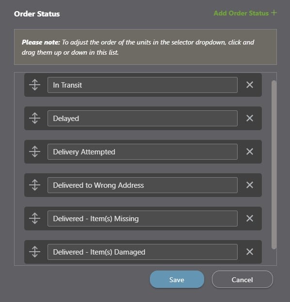 Customize Order/Delivery Status Units